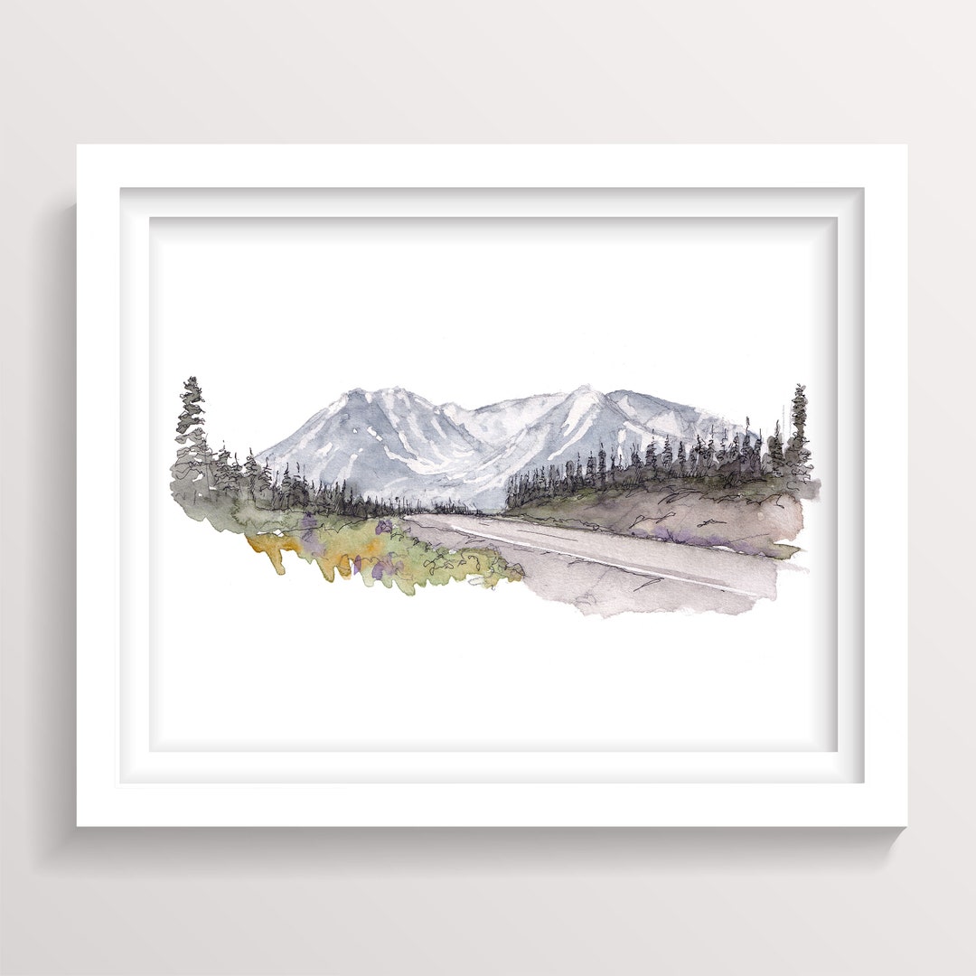 ALASKA PARKS HIGHWAY - Watercolor Painting of Mountains and Wildflowers ...