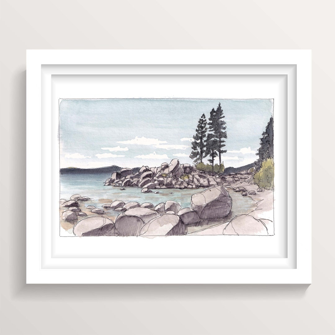 LAKE TAHOE PAINTING - Sand Harbor Rocks, Water, Trees, Ink and ...