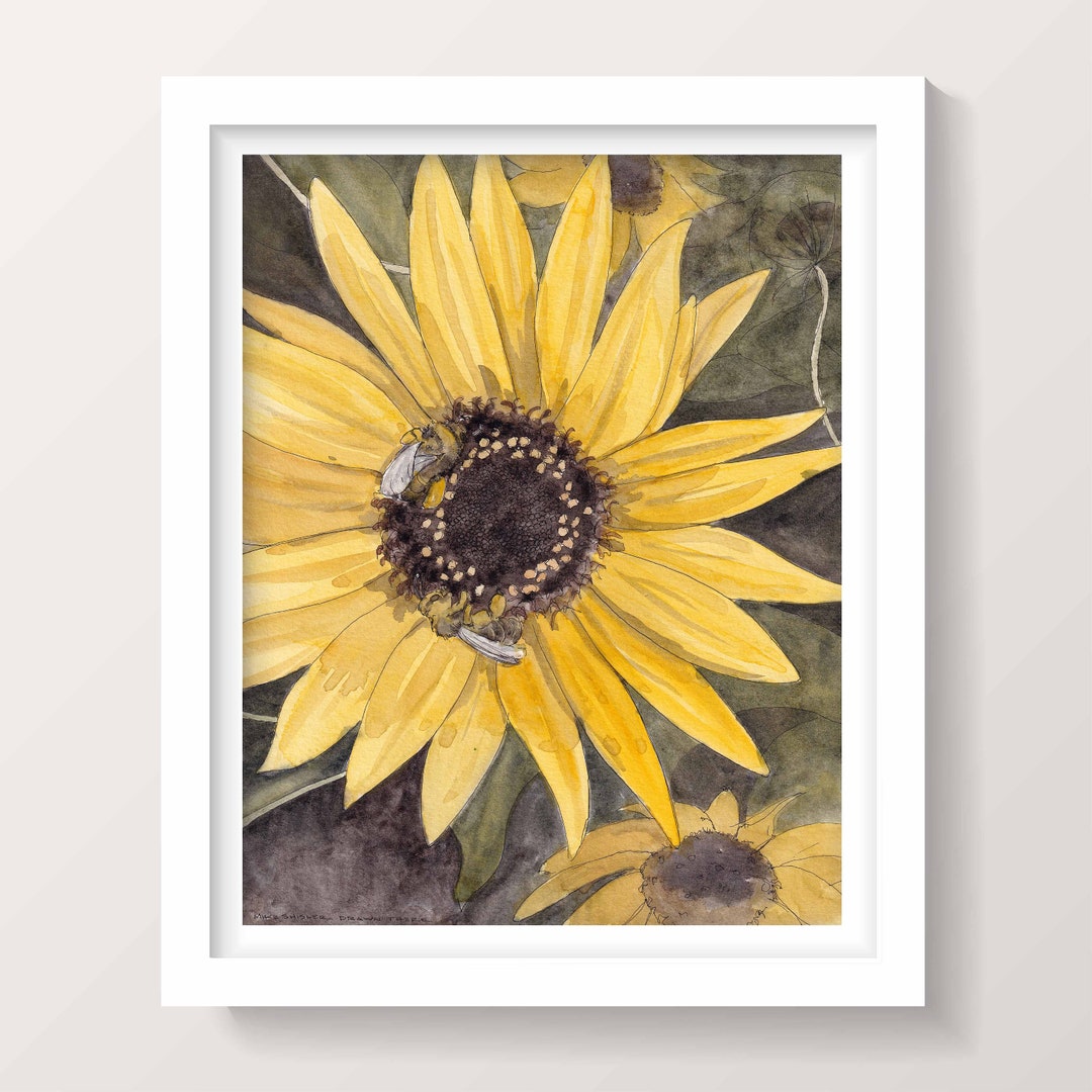 SUNFLOWER AND BEES - Ink and Watercolor Painting, Drawing, Nature Art ...