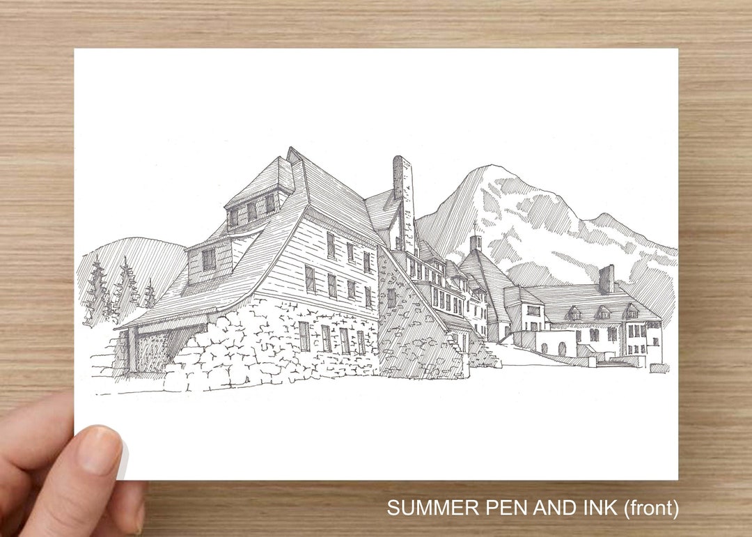 TIMBERLINE LODGE - Pen and Ink, Art, Drawing, Painting, Hotel, Ski ...