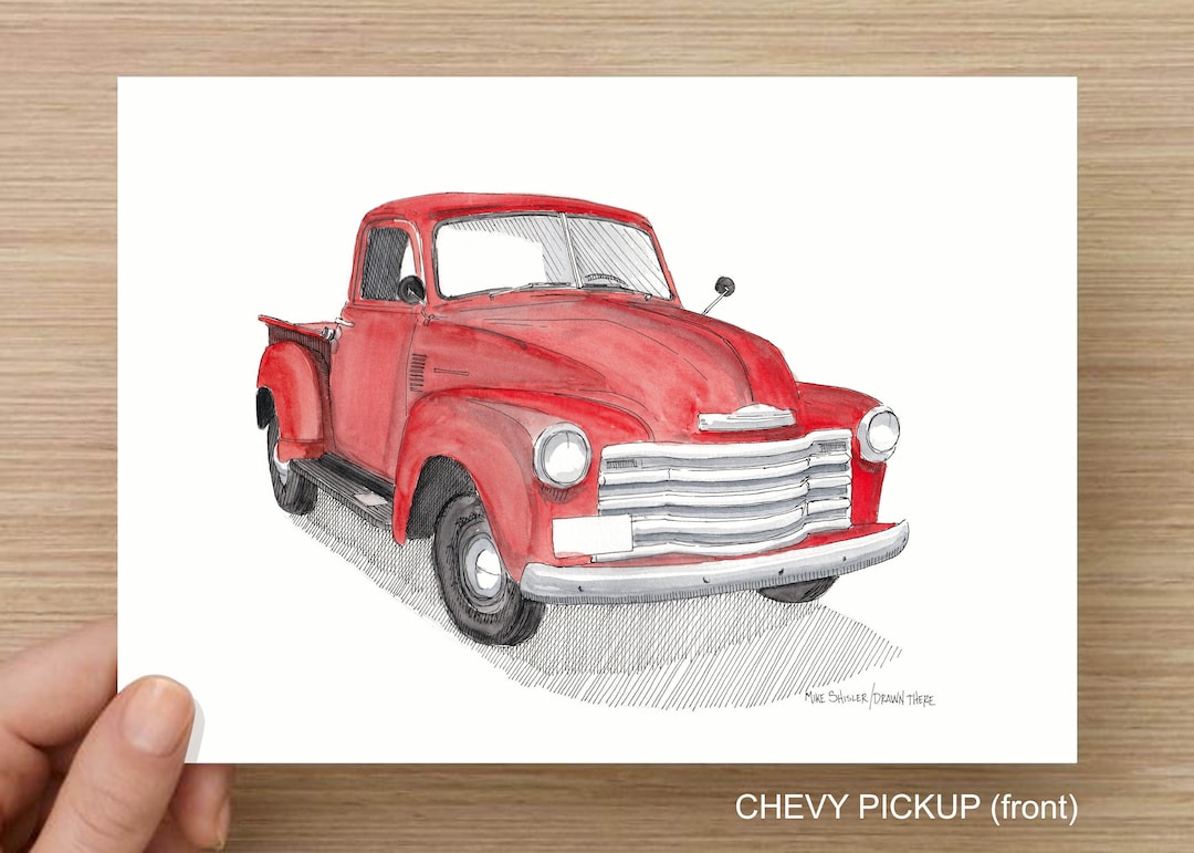 CLASSIC CHEVY PICKUP Truck, Red, Vintage, Chevrolet, Drawing, Ink ...
