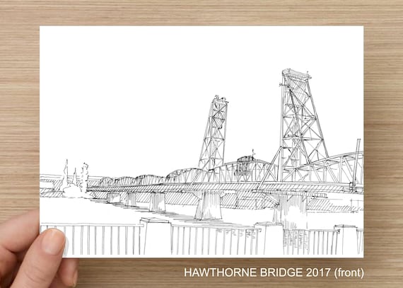 HAWTHORNE BRIDGE Portland Oregon Pen and Ink Drawing | Etsy