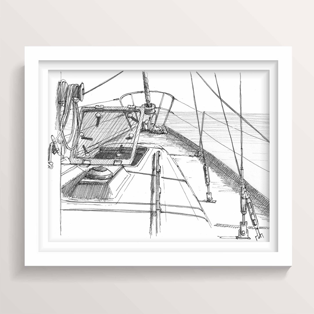 SAILBOAT DECK and RIGGING - Nautical Pen and Ink Drawing, Exumas ...