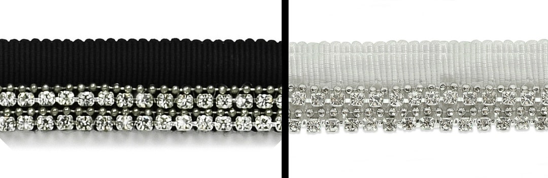 2 Row Rhinestone Lip Cord Trim Clear Crystal Cording on Black or White ...