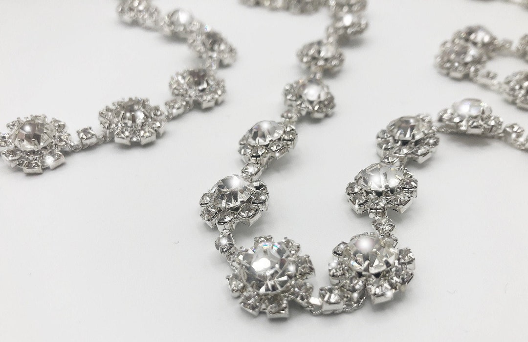 Crystal Rhinestone Flower Chain Set in Silver Tone Metal is 1/2" Wide ...