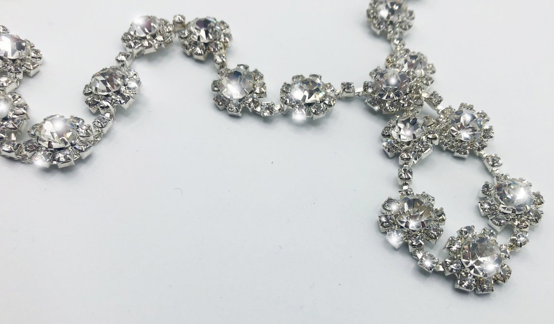 Crystal Rhinestone Flower Chain Set in Silver Tone Metal is 1/2" Wide ...