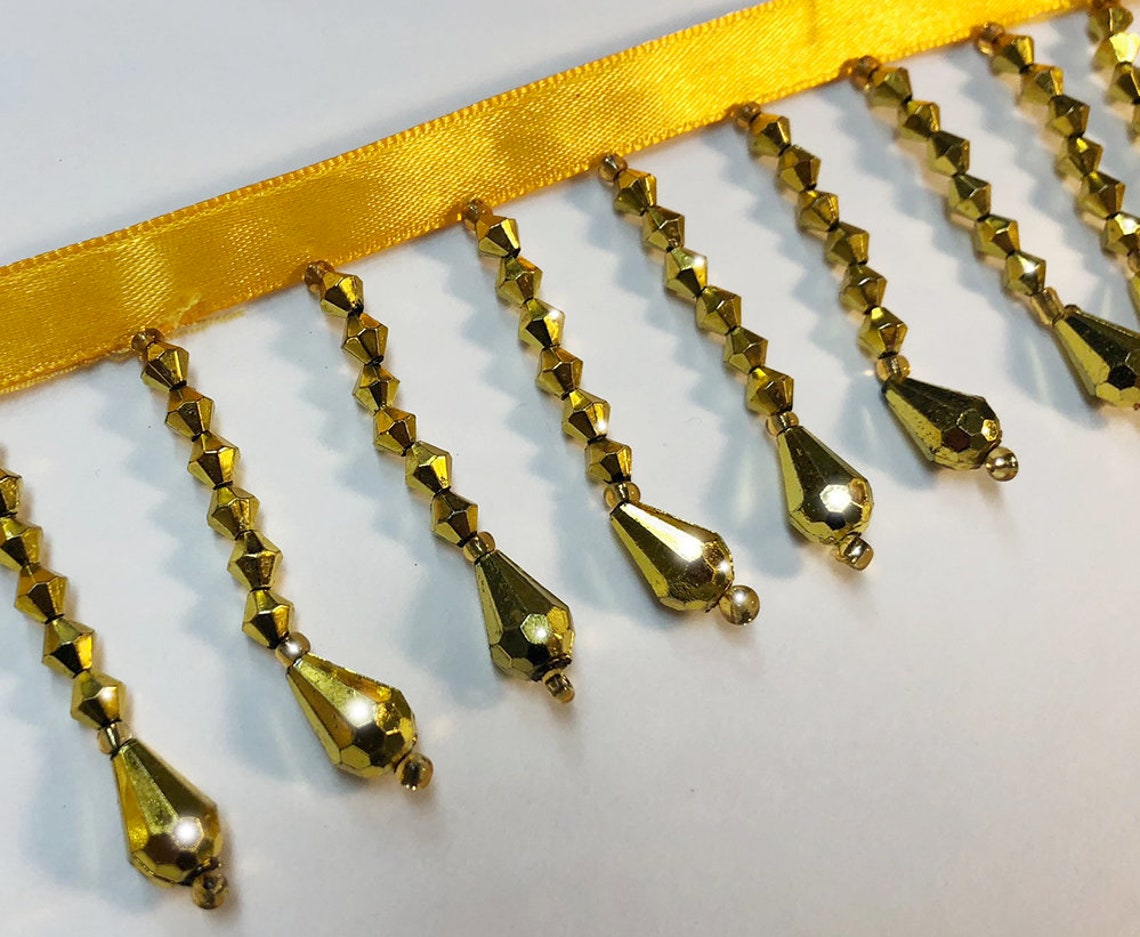 Metallic Gold Decor Beaded Fringe Trim | 2" Shiny Finish Home Decor ...