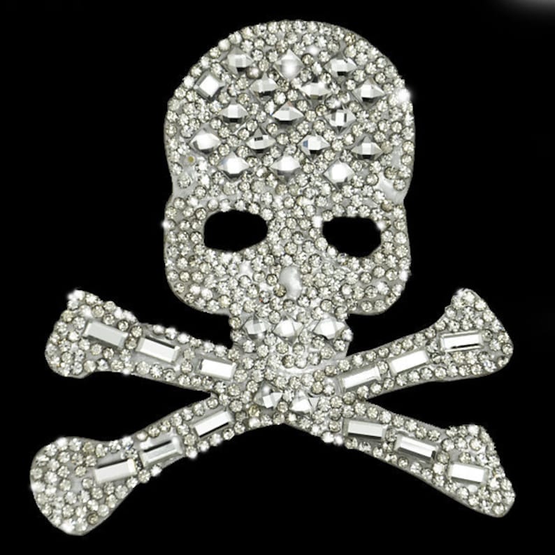 Glass Rhinestone Skull & Crossbones Applique | Large Iron-on 3 ...