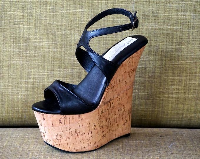 7 Inch Black Leather / Cork X Ankle Strap Wedge High Heel Platform ...