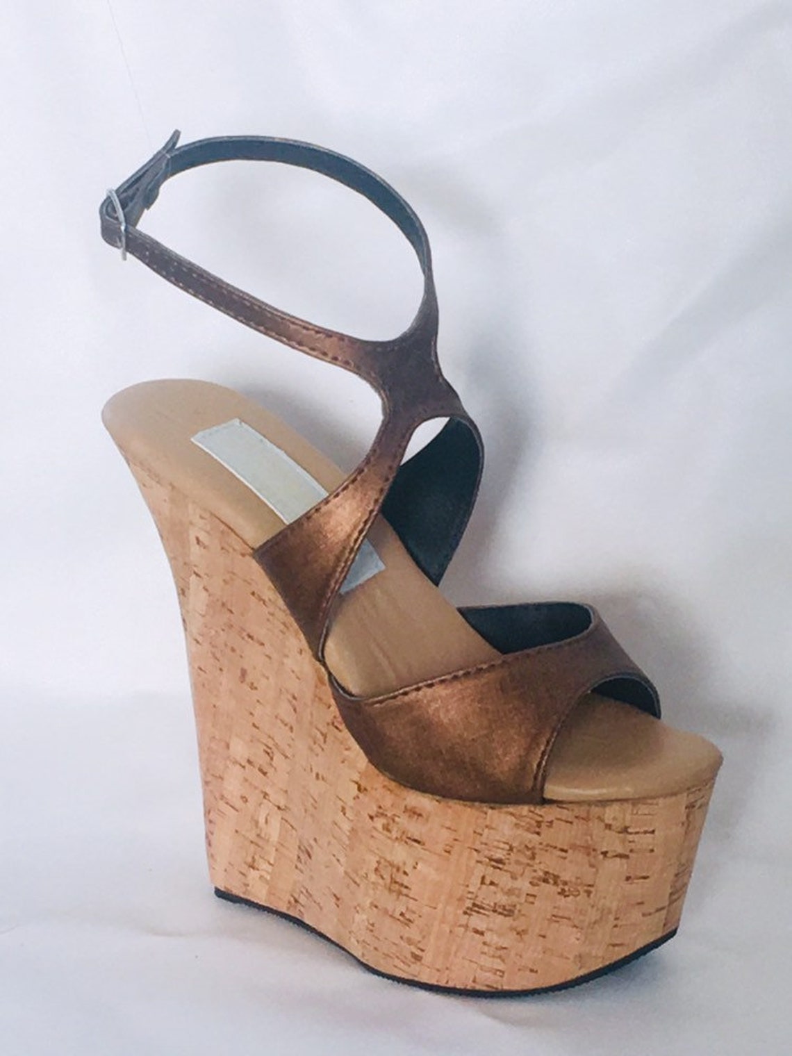 7 inch Copper Brown / Cork X Ankle Strap Wedge High Heel | Etsy