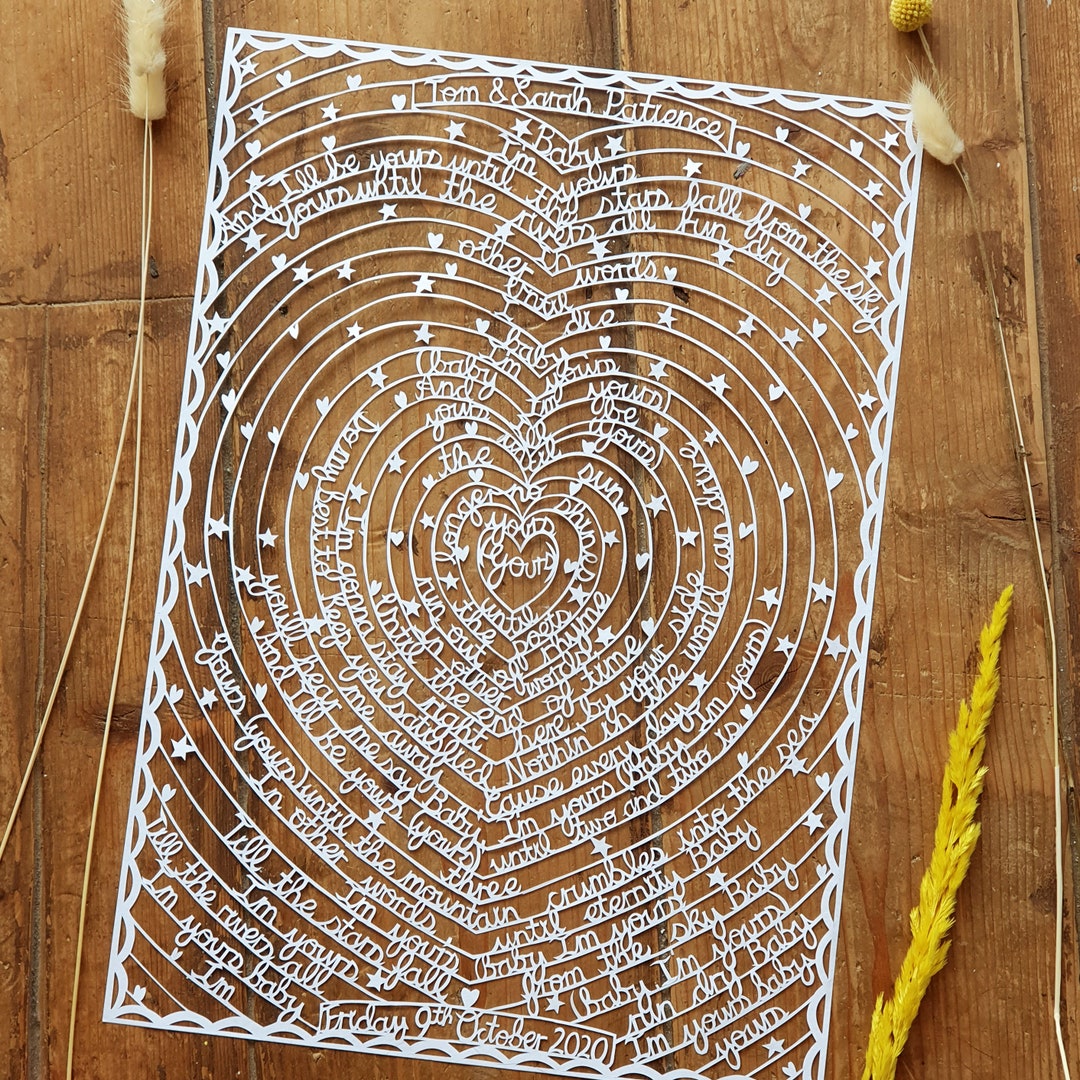 Bespoke Custom Paper Cut Lyrics for Wedding or Paper Anniversary ...