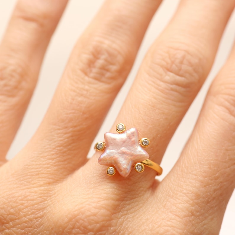 14k Diamond Pink Pearl Star Ring - Etsy