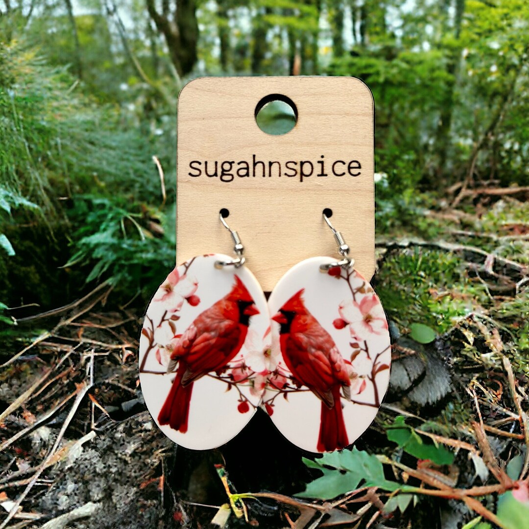 Red Cardinal Bird Earrings - Nature Inspired Round Dangle Jewelry ...