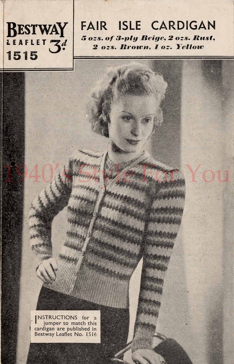 1940's Bestway 1515 PDF Knitting Pattern Fair Isle Cardigan Vintage ...
