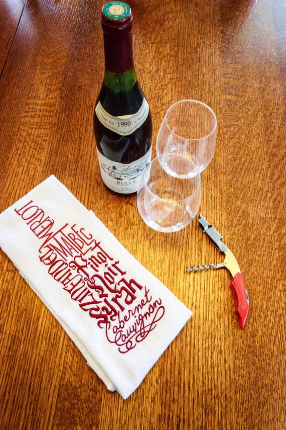 Red Wine Embroidered Flour Sack Hand Towel | Etsy