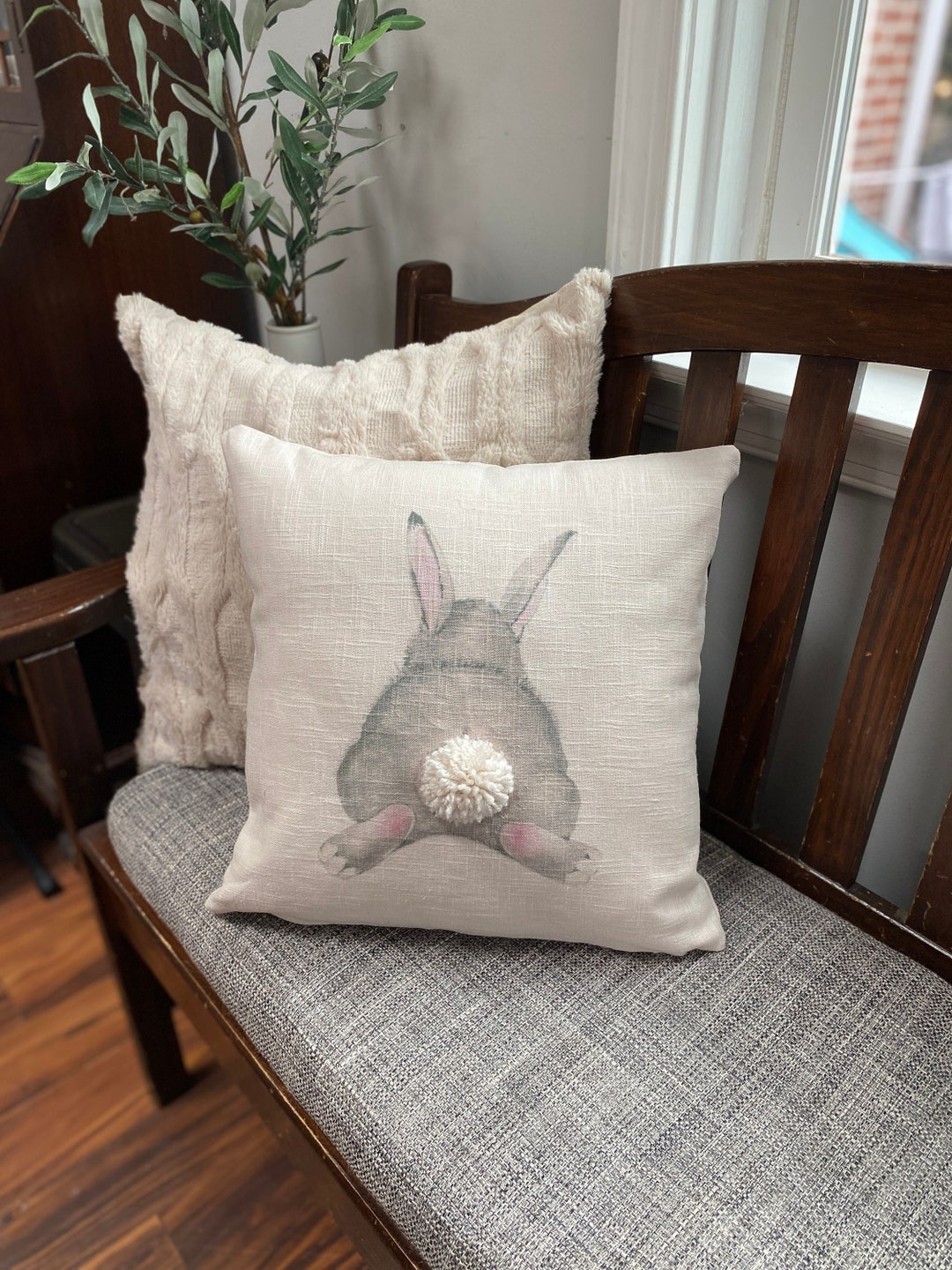 Easter Decor Cute Bunny Rabbit Throw Pillow Plush Linen Neutral Spring ...