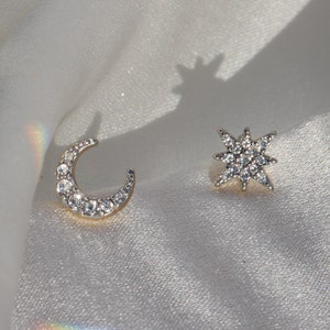 Celestial Earrings Celestial Stud Earrings Moon & Star Stud Earrings Dainty Tiny Gold Pave ...
