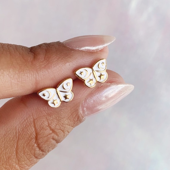 Butterfly Earrings Butterfly Stud Earrings Butterfly Studs White and Gold Aesthetic Earrings Tiny Delicate Stars Moon Gift Etsy