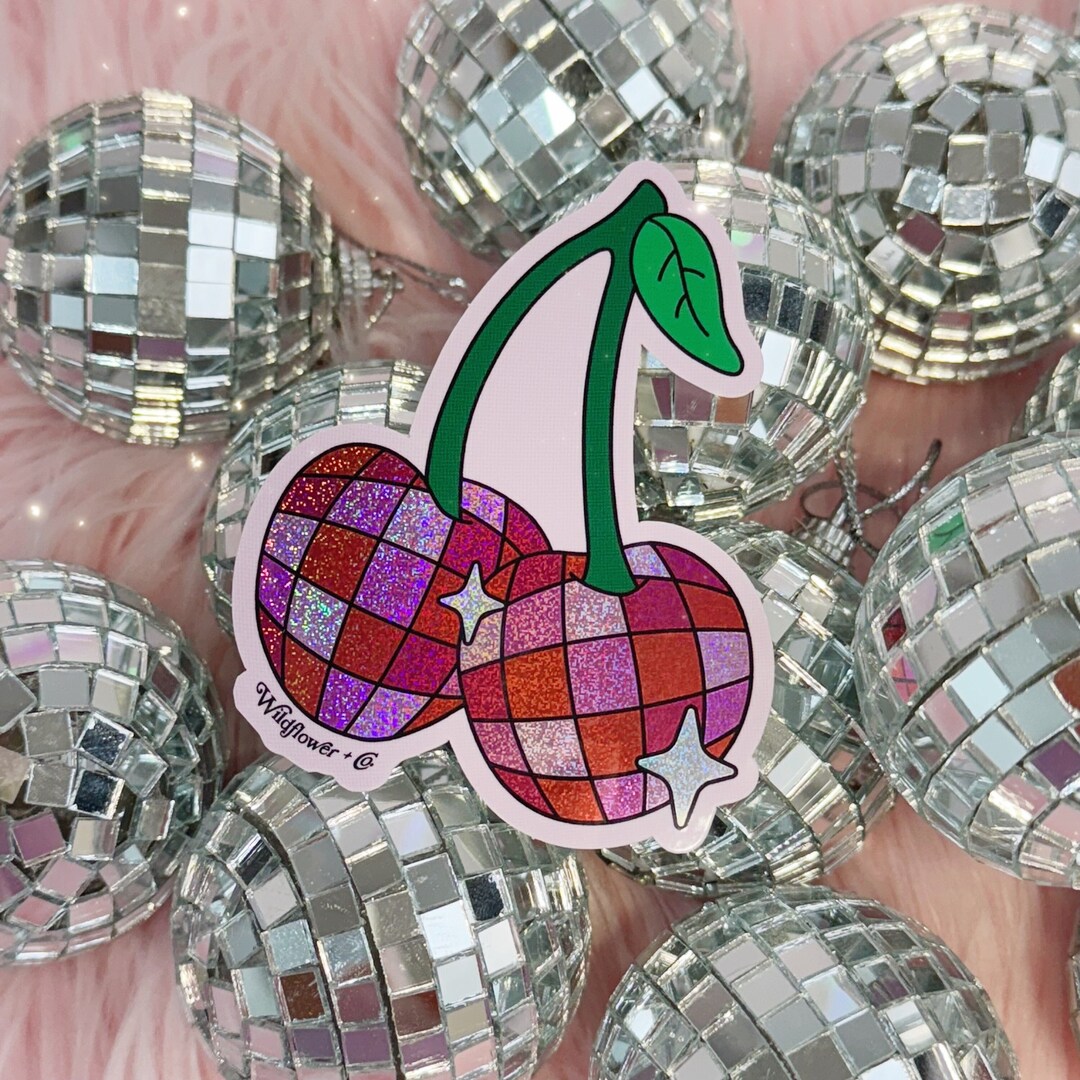 Cherries Disco Ball Glitter Sticker - Holographic Glitter Vinyl - Water ...