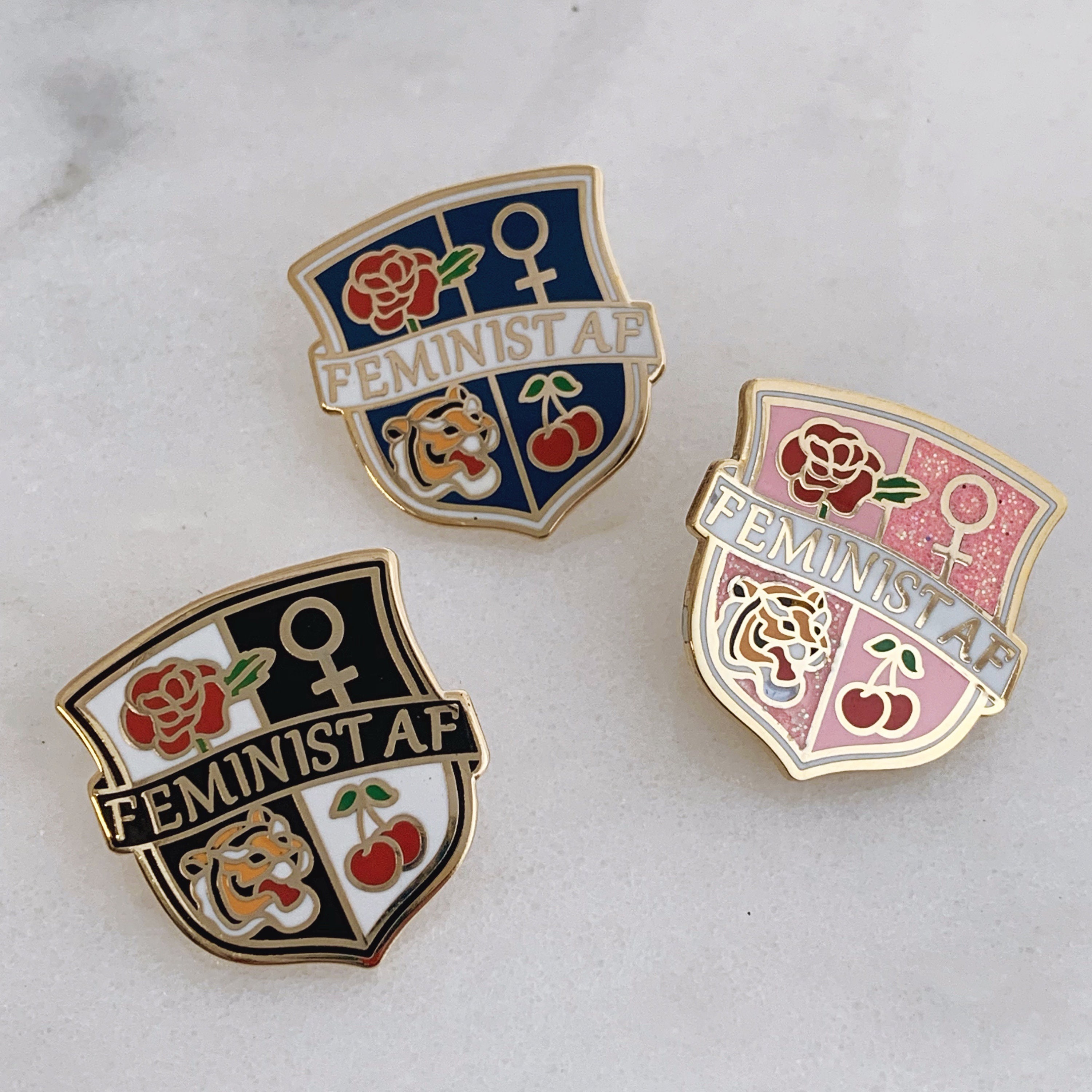 Feminist AF Crest Enamel Pin Hard Enamel Gold Pink Glitter - Etsy