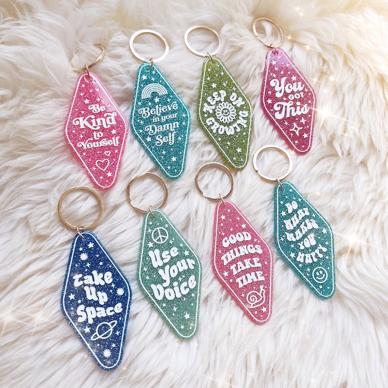 Positive Affirmation Glitter Motel Keychain Motivational - Etsy