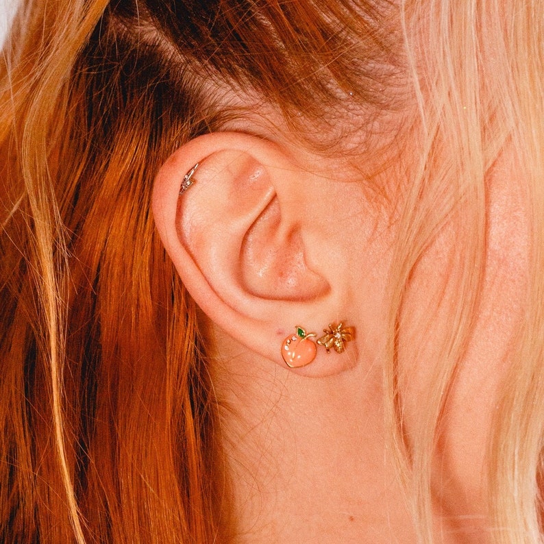 Peach Stud Earrings: Dainty Enamel, Crystal & Gold Earrings - Etsy