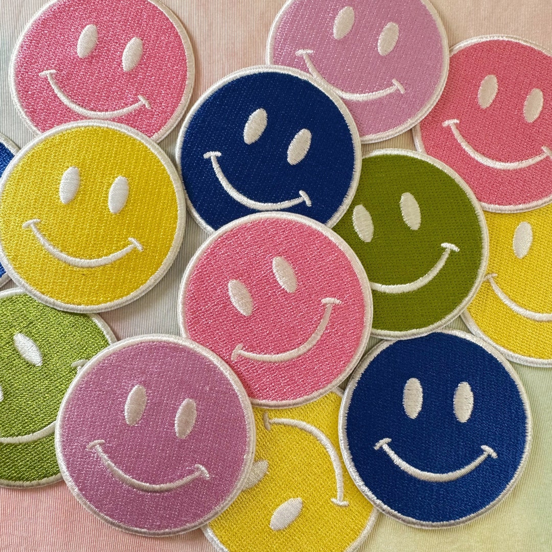 Preppy Smiley Face Patch - Embroidered Iron on Patches - Pastel Pink Lilac Yellow Cobalt Blue ...