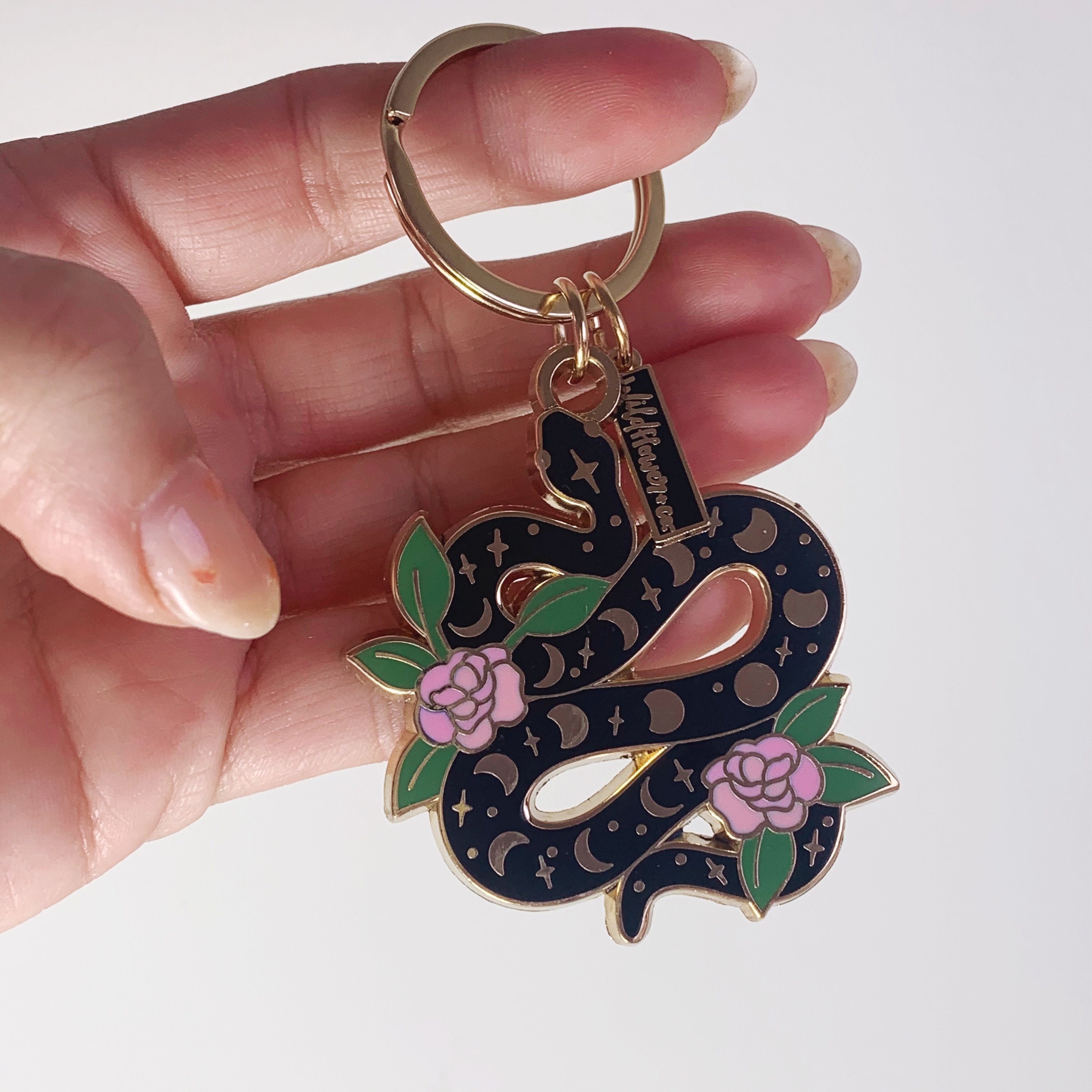 Snake Enamel Keychain Key Ring Magical W. Moon Phases & | Etsy