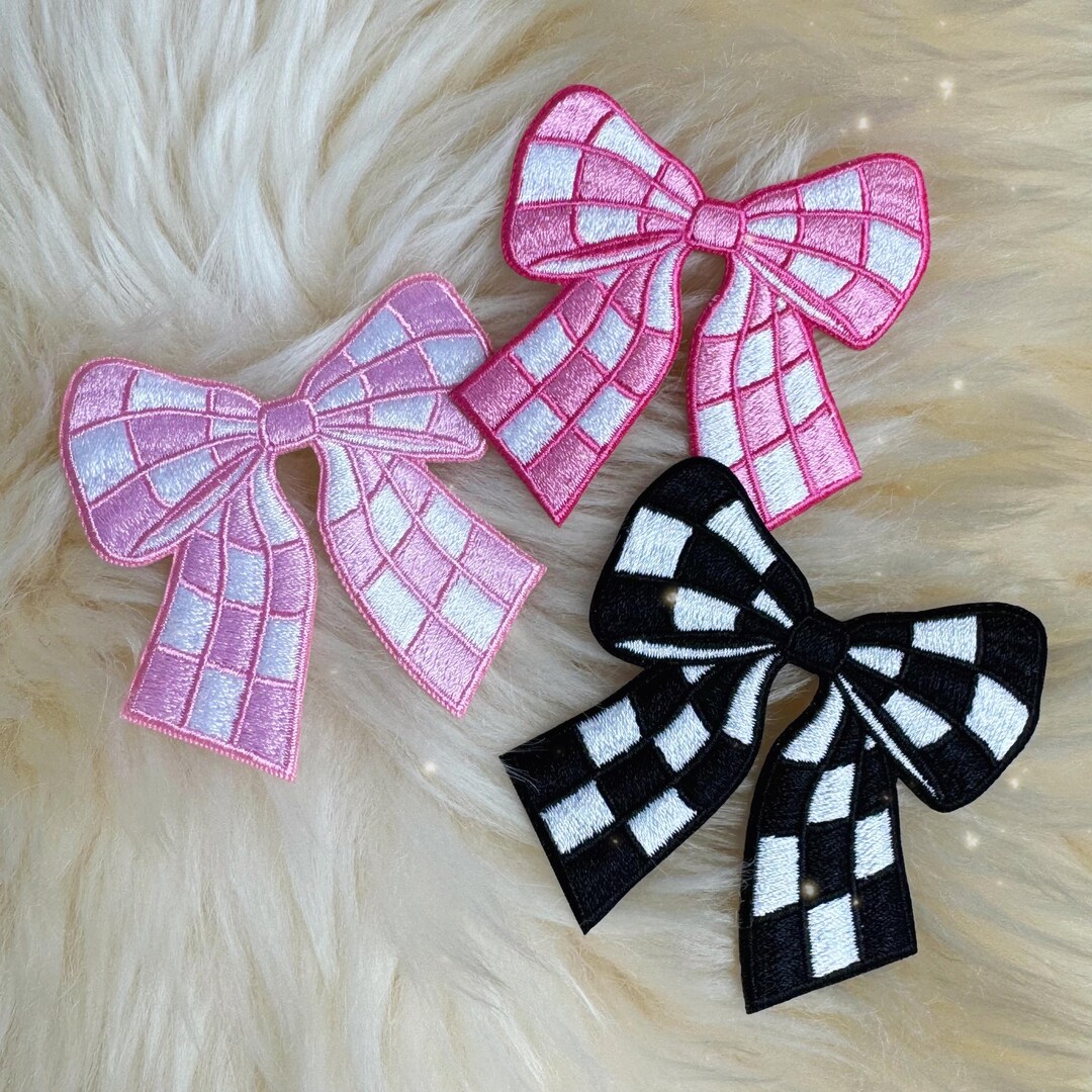 Checkered Bow Patch - Pink Black & White - Fluffy Ribbon Embroidered ...