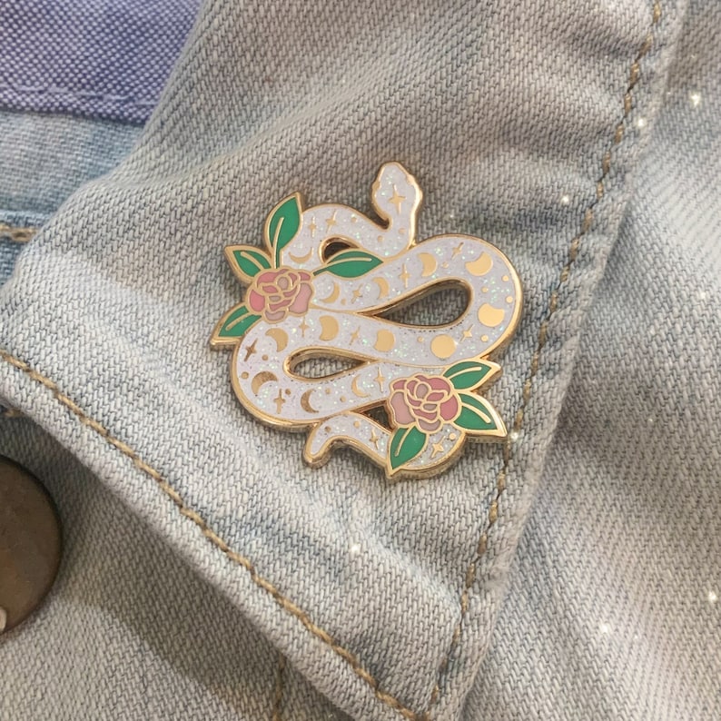 Serpent Enamel Pin - White Gold Glitter Snake Hard Enamel Lapel Pin ...