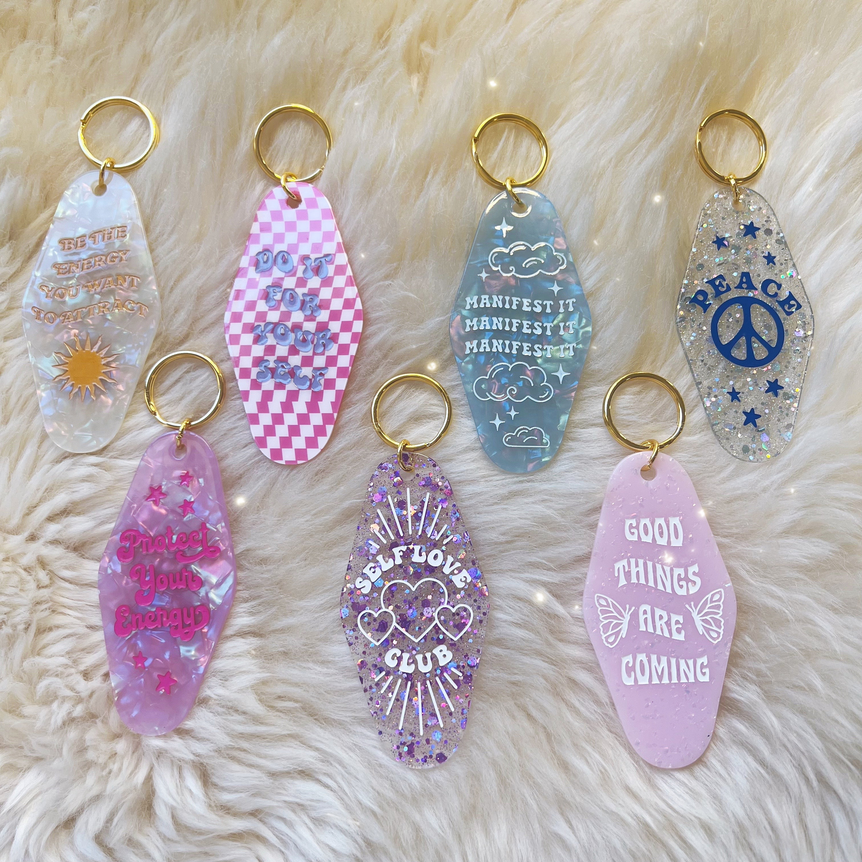 Cute Motel Keychain Positive Quotes - Glitter, Opal + Positive ...