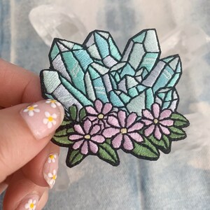 Crystal Patch With Flowers - Iron on Embroidered Patches - Rose Quartz ...