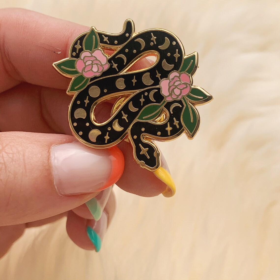 Snake Enamel Pin Magical W. Moon Phases & Flowers Black - Etsy