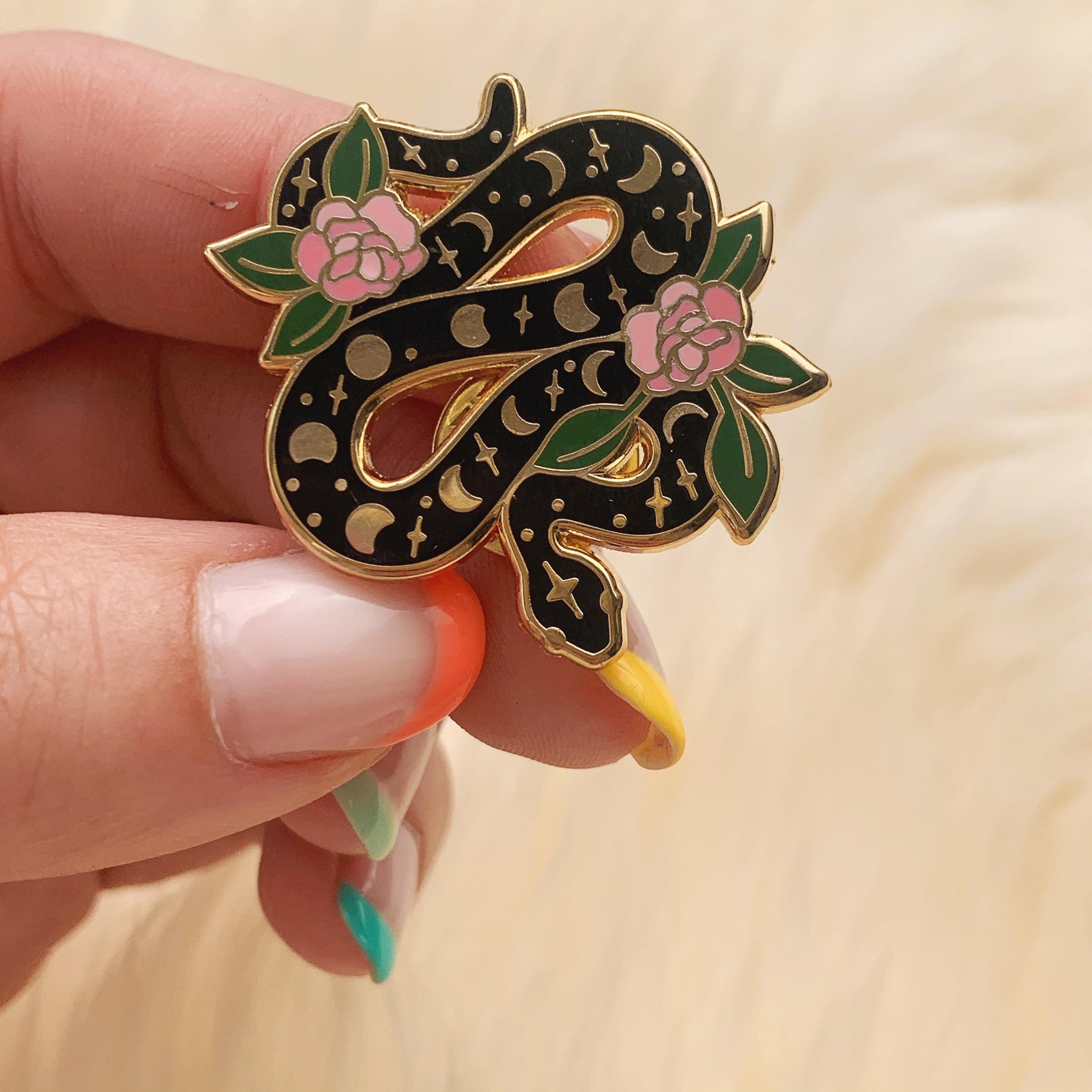 Snake Enamel Pin Magical W. Moon Phases & Flowers Black | Etsy UK