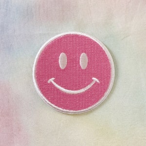 Preppy Smiley Face Patch - Embroidered Iron on Patches - Pastel Pink ...