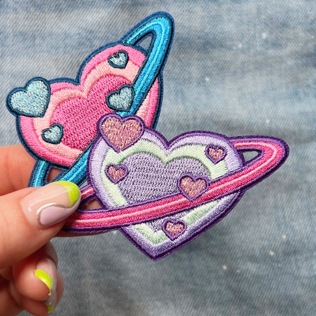 Heart Planet Patch Cute Space Embroidered Iron on Patch Pastel Pink ...