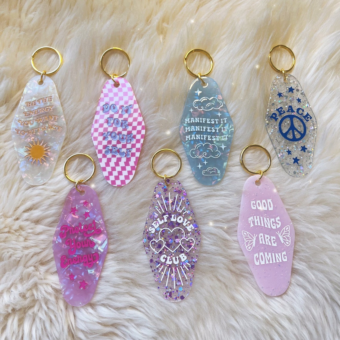 Cute Motel Keychain Positive Quotes - Glitter, Opal + Positive ...