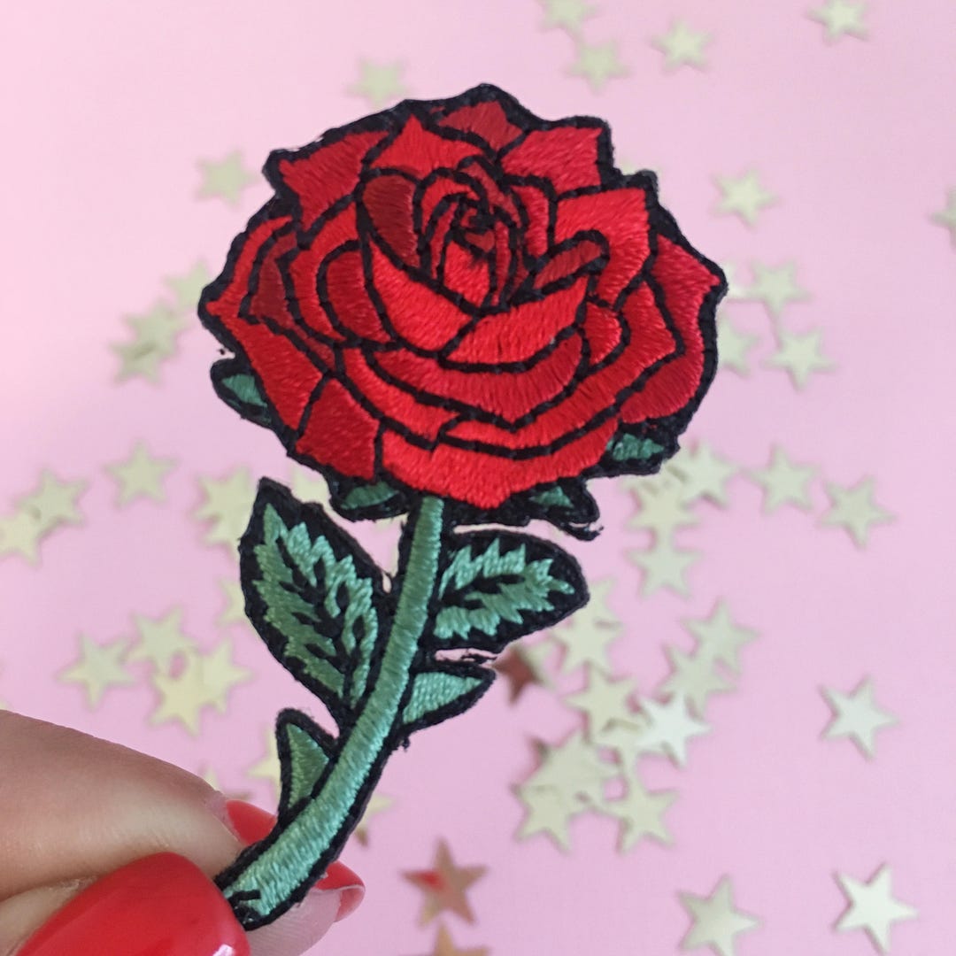 Red Rose Patch small Iron on Embroidered Patches Long Stem Rose ...