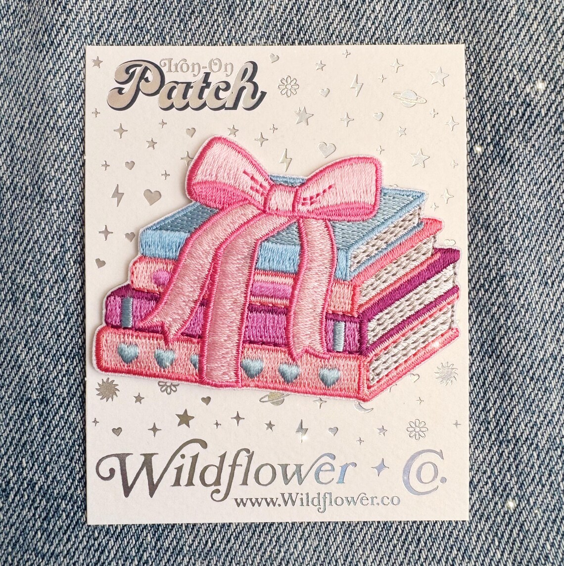 Tied With a Bow Book Stack Patch | Bookish Embroidered Iron on Patches ...