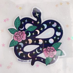 Snake Sticker | Holographic ! | Moon Phases Flowers & Serpent ...