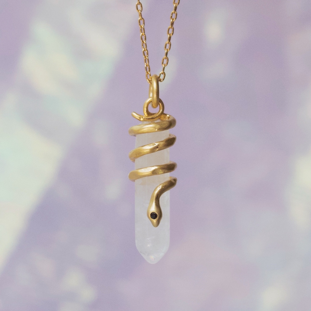 Crystal Snake Necklace | Rainbow Fluorite or Black Quartz | Gold ...