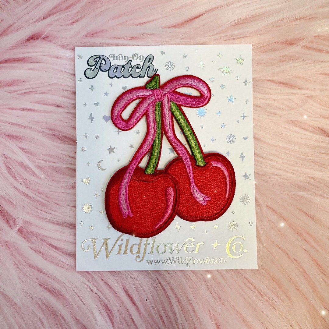 Cherry Bow Patch - Coquette Aesthetic - Red Cherries W. Pink Bow - Cute & Trendy Embroidered ...