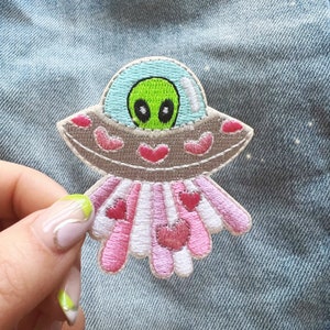 Love UFO Alien Patch - Cute Space Patch - Sparkly Pastel Pink Iron on ...