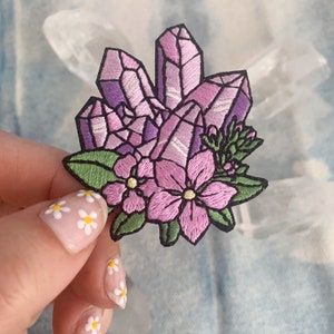 Crystal Patch With Flowers - Iron on Embroidered Patches - Rose Quartz ...