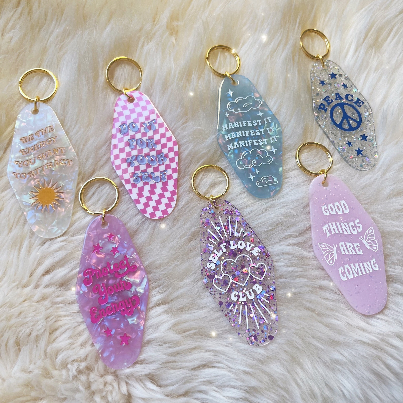 Cute Motel Keychain Positive Quotes - Glitter, Opal + Positive ...
