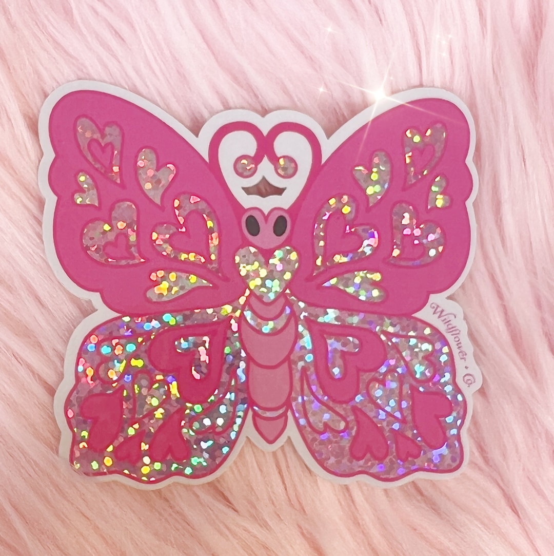 Heart Butterfly Sticker - Glitter Holographic Vinyl - Fluttering Hearts ...