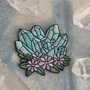 Crystal Patch With Flowers - Iron on Embroidered Patches - Rose Quartz ...