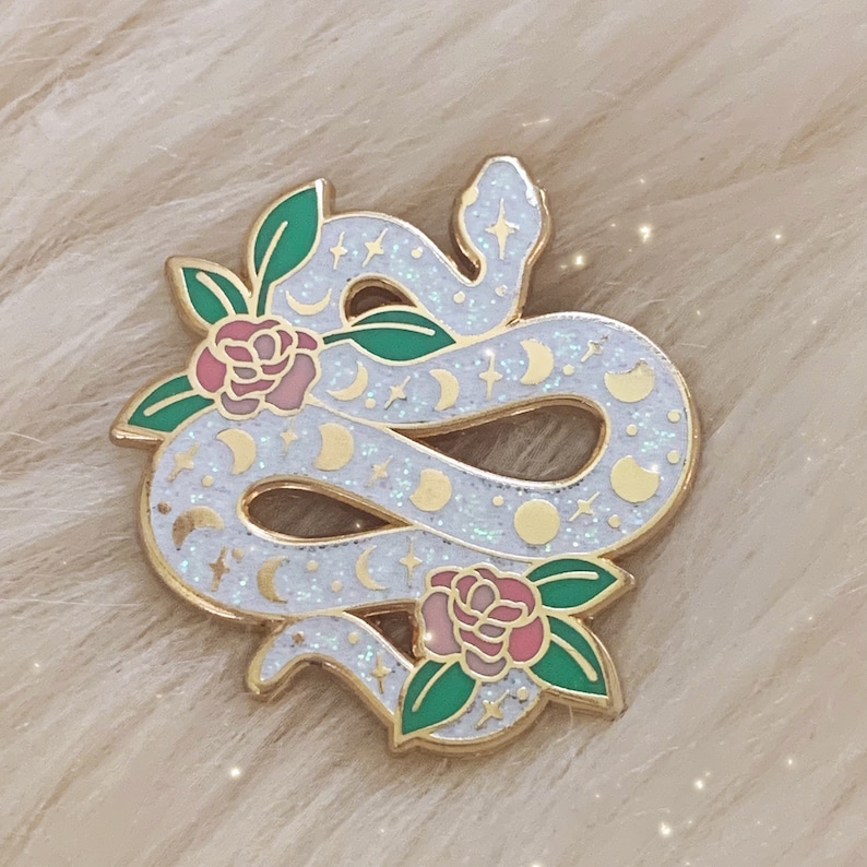 Serpent Enamel Pin - White Gold Glitter Snake Hard Enamel Lapel Pin ...