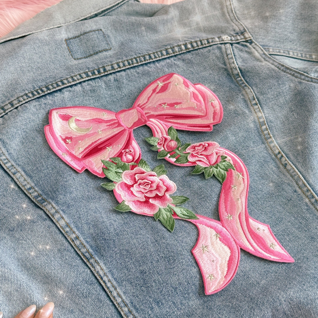 Bow XL Back Patch, Pink - Large Iron on Embroidered Patches for Jackets ...