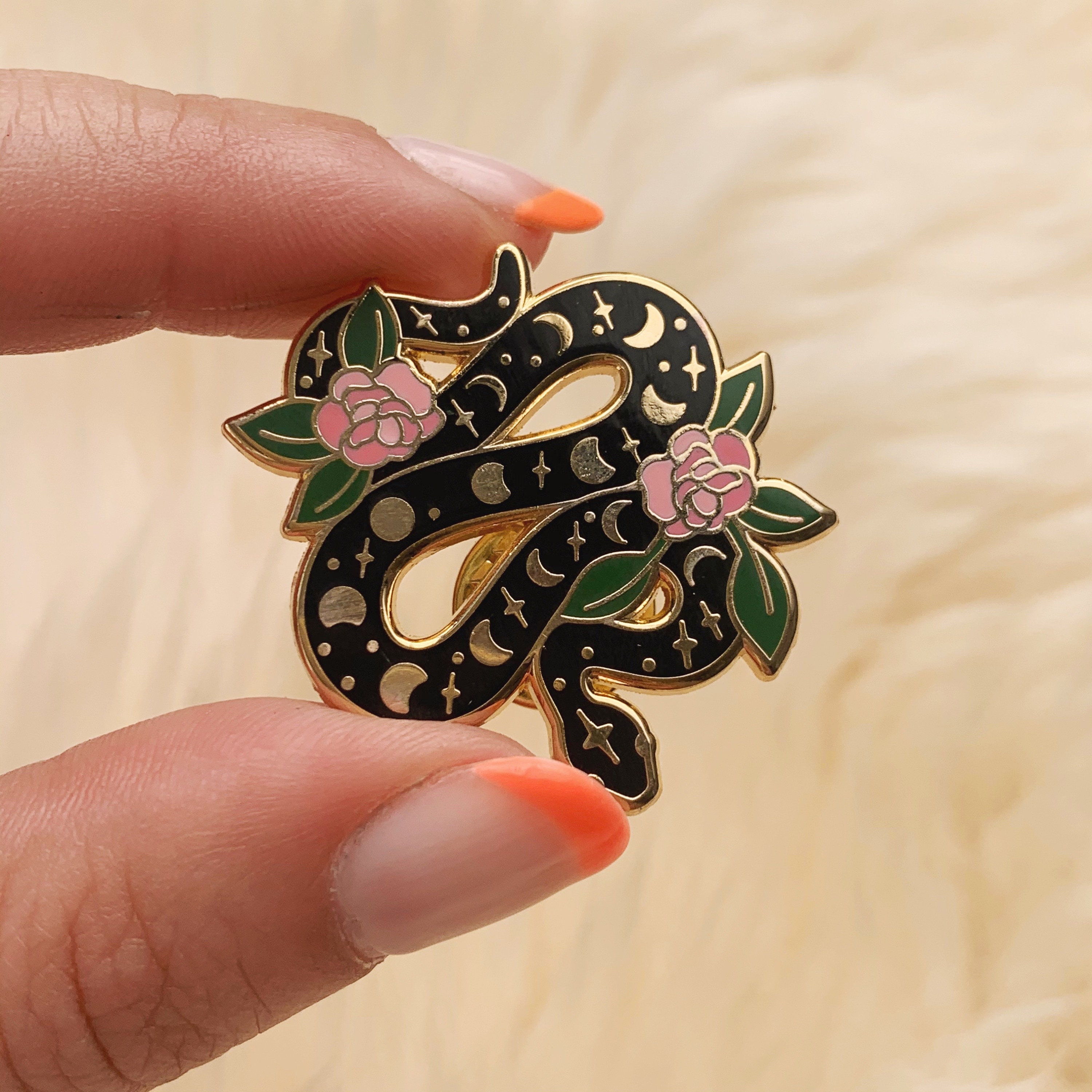 Snake Enamel Pin Magical W. Moon Phases & Flowers Black - Etsy